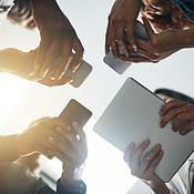 Stretching their collaboration over the cloud | Buy Stock Photo on ...