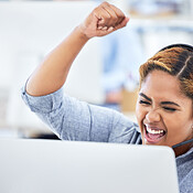 Customer service worker celebrating her success. IT support assistant ...