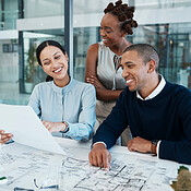 Architect blueprints, engineers and designers analyzing drawing, draft ...