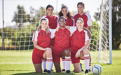 Female football team smiling, happy and excited portrait before ...