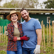 Farmer couple, agriculture and green produce in outdoor garden. Farming ...