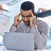 Stress, headache or burnout manager from employee paper, phone or ...