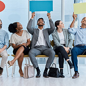 Social media, speech bubble and mockup space with people in a line for ...