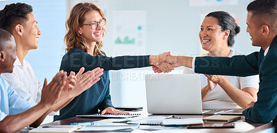 Teamwork, motivation and celebration with clapping business people ...
