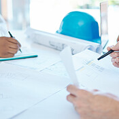 Hands of architecture blueprint design, 3d property construction ...