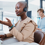 Call center, customer service and support with an agent working to help ...