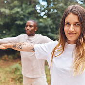 Fitness, zen and yoga couple exercise outdoors in park or forest ...