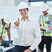 Thumbs up, like or success emoji of engineer, architect or business ...
