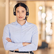 Call agent, woman and portrait of frown with arms crossed and unhappy ...