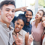 Selfie, peace and teamwork with a team of business people working in ...