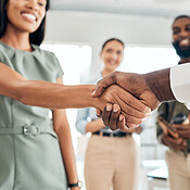 Handshake, teamwork and collaboration with the hands of business people ...