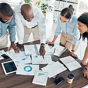 Business people, analytics and collaboration meeting in planning at the ...