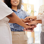 Teamwork, collaboration and motivation of business people hands in ...