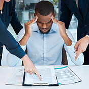 Stress, overload and headache with businessman and burnout, overworked ...