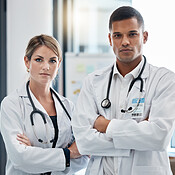 Portrait doctor team, professional healthcare and medical trust of two ...