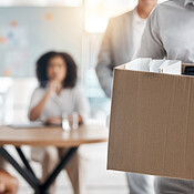 Business man fired, unemployed box and dismissal from job in office for ...