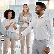 Handshake, promotion and applause with a business man shaking hands ...