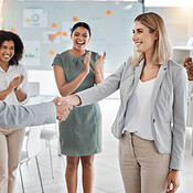 Handshake, partnership and congratulations after hiring new employee or ...