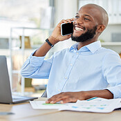 Business black man talking phone call, happy communication and ...