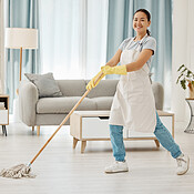 Asian cleaner woman mopping and cleaning dirt and dust in lounge or ...