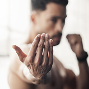 Boxing hands gesture, strong man and fight training of mma athlete ...