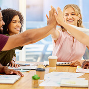 High five, success or global business collaboration in teamwork with ...