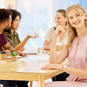Leadership, meeting and business woman portrait with teamwork ...