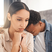 Upset couple fighting, arguing or breaking up while sitting on their ...