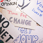 Health, covid and protest cardboard poster for pandemic vaccine ...