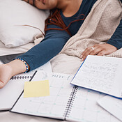 Calendar, time management and student sleeping in bed for studying ...
