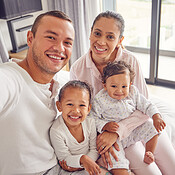 Seflie, family and children with a mother, father and their girl kids ...