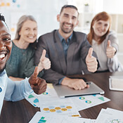 Thumbs up, team success and diversity of office employee team happy and ...