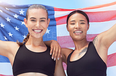 American flag, women and athlete portrait smile, freedom and justice ...