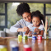 Learning, mother and child painting for an art preschool project with a ...