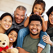 Family house, happy portrait and grandparents in the living room with ...