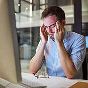 Stress, depression and mental health for night business man sitting at ...