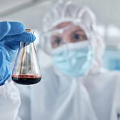 Blood, covid and tube test of scientist experiment in medical research ...