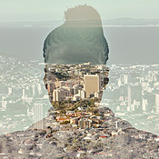 Woman, overlay and city with buildings, ocean and mountain in ...