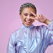 Fashion, peace and woman in studio portrait with peace sign and fancy ...