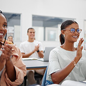 Education, presentation and students applause in classroom workshop for ...