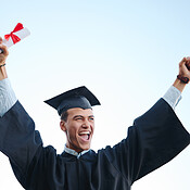 Education, success and student celebrating university graduation ...