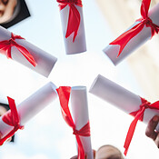 Graduation circle, success and students certificate, diploma or degree ...