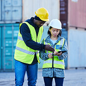 Construction employees, supply chain team collaboration and export ...