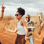 Adventure, dance and friends celebration for travel holiday, nature ...