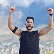 Fitness, winner and yes with a sports man in celebration of a victory ...