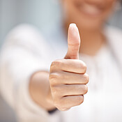 Thumbs up, woman hands and support vote, motivation and trust for thank ...