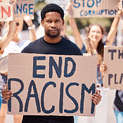 Protest, poster and walking people for human rights, racism and ...