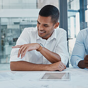 Architect, developer and miniature building blueprint, meeting for ...