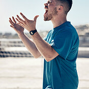 Hands, angry man and screaming in fitness, training and exercise after ...