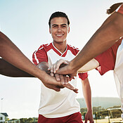 Men soccer team, huddle and hands in support, collaboration and ...